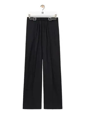 Loewe Belted Trousers With Straight Leg And Embossed Leather Patch - Black