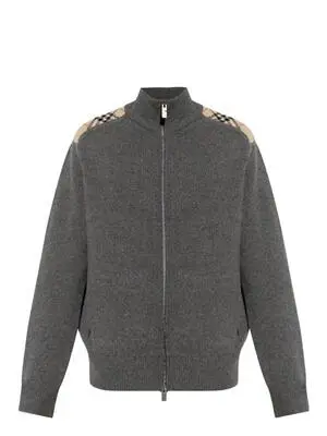 Burberry Checked Detail Zip-up Cardigan - Grey