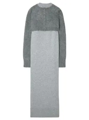 Sacai Layered Ribbed Maxi Dress With Faux Pearl Buttons - Gray