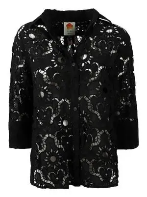 FARM RIO Farm Rio Black Lace Long Sleeve Shirt With Lapel Collar