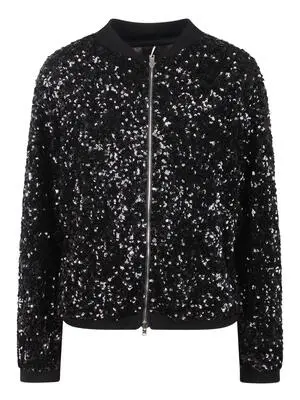 Herno Sequined Bomber Jacket With Stand Collar And Zip Closure - Black
