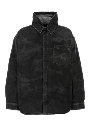 Balenciaga Hooded Denim Shirt Jacket With Distressed Wash - Black