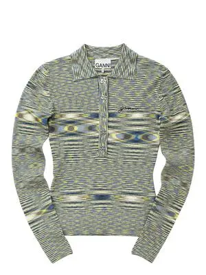 GANNI Spacedyed Knit Polo Top - Gray