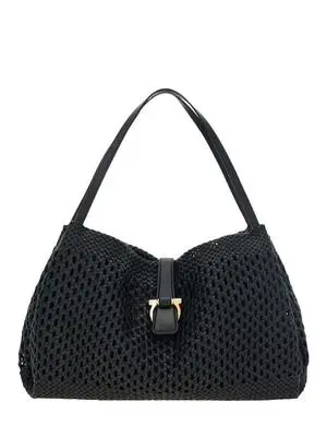 FERRAGAMO Woven Tote Bag With Gancio Buckle - Black