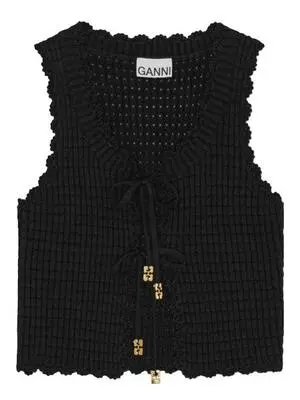 GANNI Ganni Textured Lace Knit Top With Tie Detail