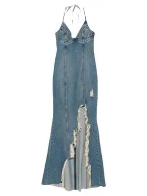Blumarine Halterneck Frayed-hem Denim Maxi Dress - Blue
