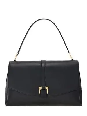 FERRAGAMO Large Leather Shoulder Bag With Gold-plated Buckle - Black