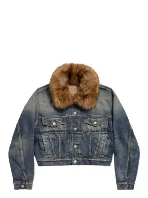Balenciaga Faux Fur Collar Denim Jacket - Dark Blue
