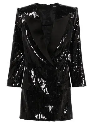 Balmain V-neck Sequined Mini Dress - Black