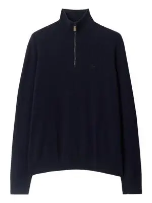 Burberry Cashmere Blend Half-zip Sweater With Embroidered Equestrian Knight Design - Navy