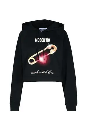 Moschino Cropped Hoodie With Heart Print - Black