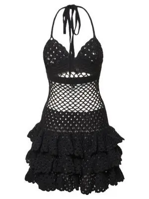 Oscar De La Renta Halterneck Crochet Dress With Layered Ruffles - Black