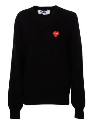 Play Comme Des Garcon V-neck Long-sleeve Jumper With Iconic Heart Applique - Black