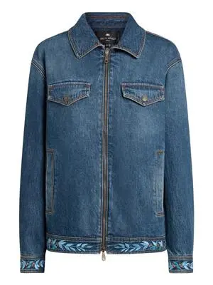 Etro Embroidered Zip Denim Jacket - Blue