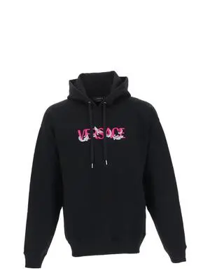 Versace Logo Embroidered Long Sleeve Hoodie - Black