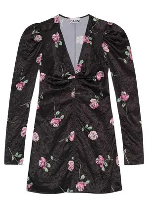 GANNI Floral Print V-neck Dress - Black