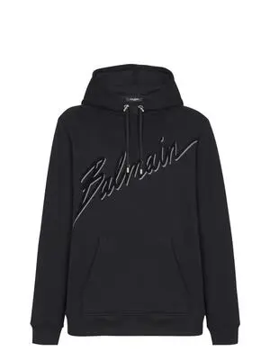 Balmain Flocked Logo Drawstring Hoodie - Black