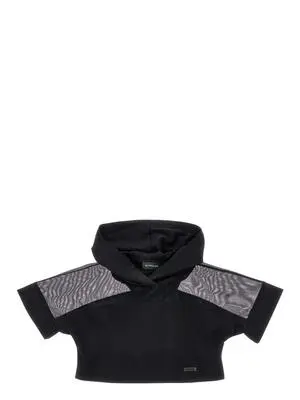 Monnalisa Sheer-trimmed Cropped T-shirt With Hood - Black