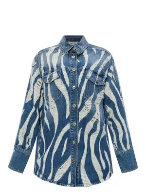 Blumarine Distressed Zebra Print Cotton Shirt - Blue
