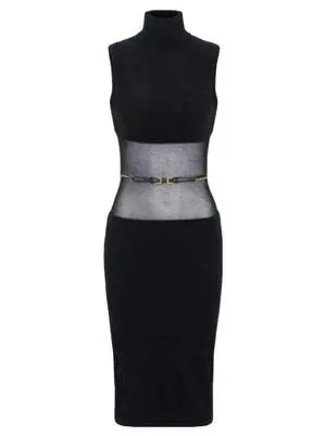 Elisabetta Franchi High-neck Sleeveless Knit Dress With Fur-effect Texture And Chain Belt - Black