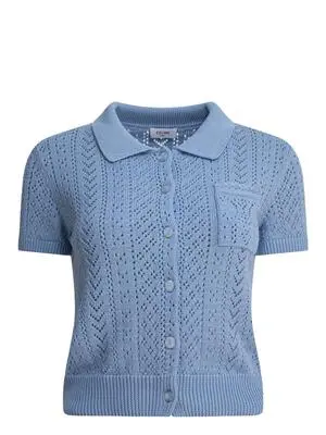 Celine Short-sleeved Knit Sweater With Lapel Collar - Blue