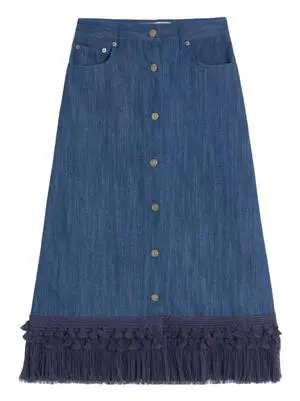 VALENTINO Valentino Denim Midi Skirt With Fringed Hem