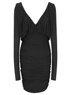 Saint Laurent V-neck Draped Long-sleeved Dress - Black