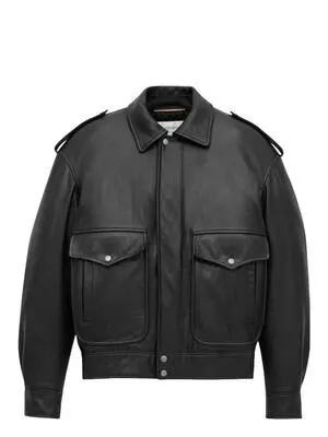 Saint Laurent Oversized Button Detailed Leather Jacket - Black