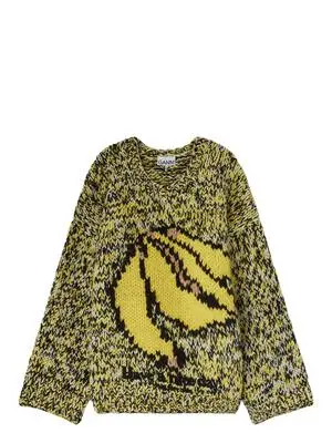 GANNI Wool Hand-knitted Crew Neck Sweater With Intarsia Banana And Logo - Multicolor