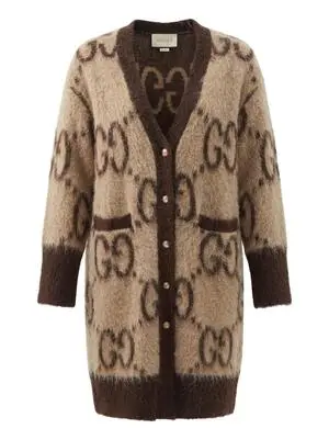 Gucci Gg Jacquard Brushed Cardigan Coat - Brown