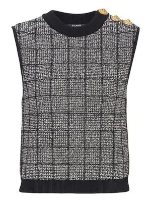 Balmain Sleeveless Tweed Crop Top With Lion Head Buttons - Black