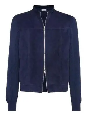 Brunello Cucinelli Suede And Knit Zip-up Jacket - Midnight Blue
