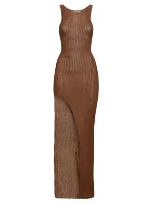 AYA MUSE Knitted Long Dress With Side Slits - Brown