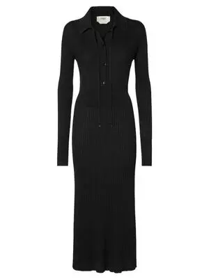 FENDI Fendi Ribbed-Knit Long Sleeve Drawstring Midi Dress