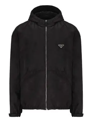 Prada Zip-up Hooded Jacket With Enameled Logo Plaque - Black
