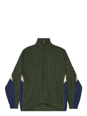 Balenciaga Panelled Zipped Cardigan With High Collar - Khaki Blue And Beige