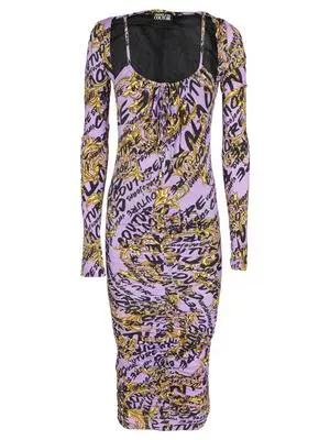 Versace Ruched Logo Printed Midi Dress - Multicolor