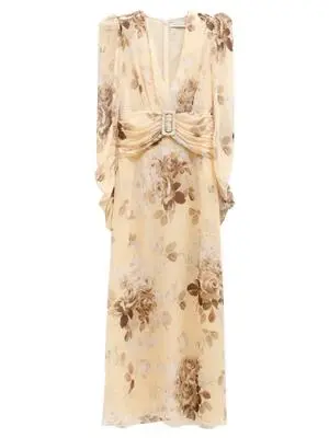 Alessandra Rich Floral Print Belted Silk Maxi Dress - Nude