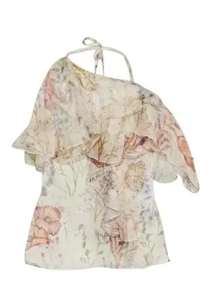 Alexander McQueen Ruffled Floral-print One-shoulder Top - Nude