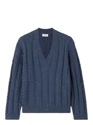 Brunello Cucinelli V-neck Knitted Jumper With Sequins - Navy Blue