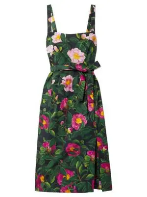 Oscar De La Renta Floral Printed Belted Midi Dress - Green