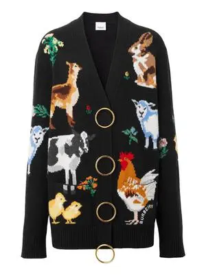 Burberry V-neck Farm Animal Intarsia Knit Cardigan - Black