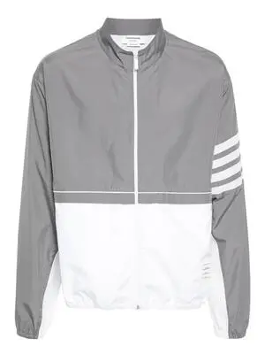 Thom Browne Zip-up Windbreaker With Four-bar Detailing - Medium Gray/white