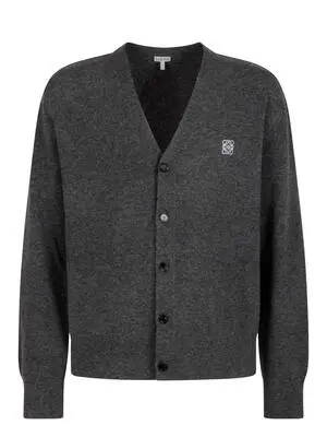 Loewe V-neck Cardigan With Embroidered Logo And Contrast Stripe Detail - Grey