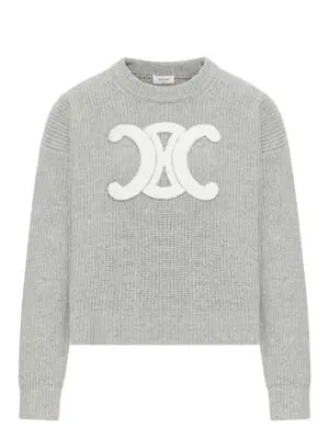 Celine Ribbed Wool Crew Neck Sweater With Graphic Pattern - Gray