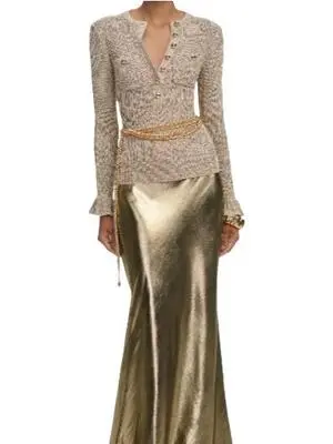 SELF-PORTRAIT Ribbed-knit Lurex Jumper With Ruffled Cuffs And Belt - Gold