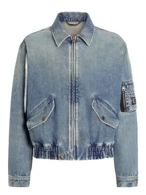 Dolce & Gabbana Logo Tag Zipped Denim Bomber Jacket - Blue