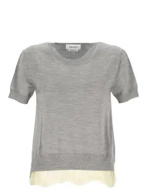 Alexander McQueen Short Sleeve Knit Top With Ribbed Trim - Gray