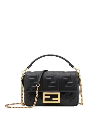 Fendi Leather Embossed Ff Logo Shoulder Bag - Black