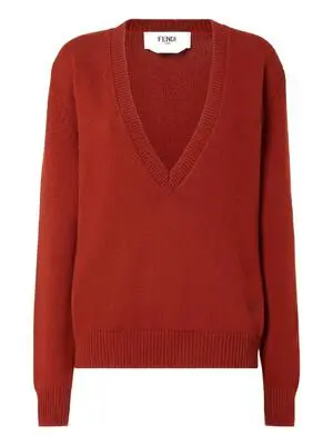 Fendi V-neck Cashmere Jumper With Elasticated Waistband - Red